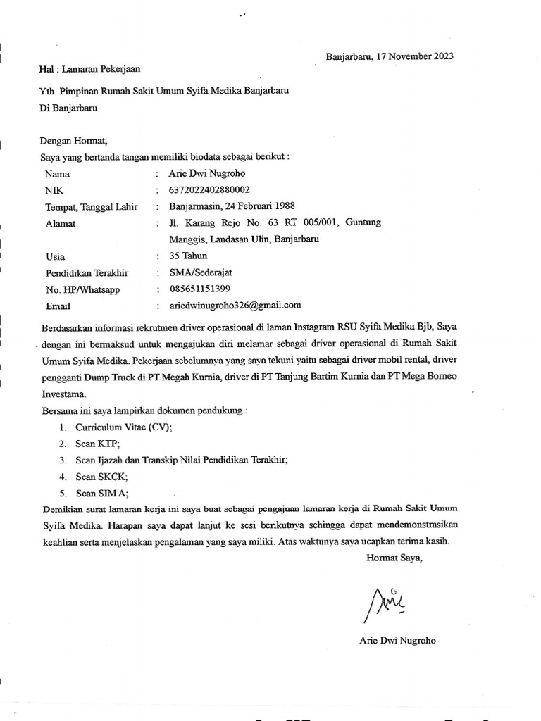 Surat Lamaran Driver | PDF