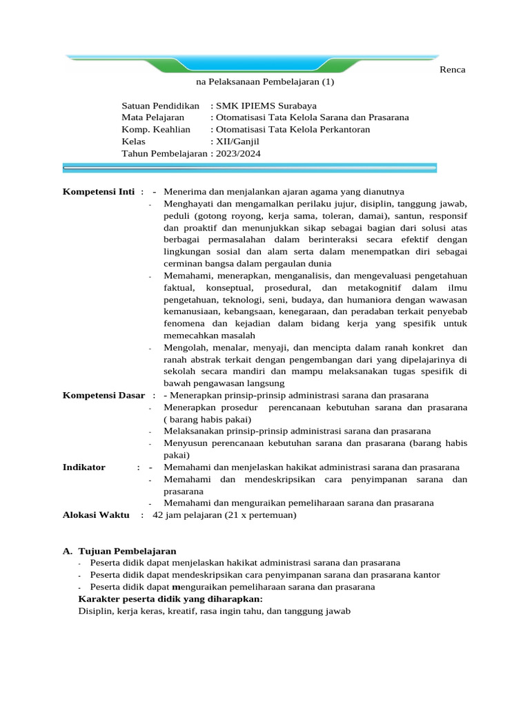 RPP Otk Sarana Prasarana Kelas Xii Otkp | PDF | Seni | Komputer