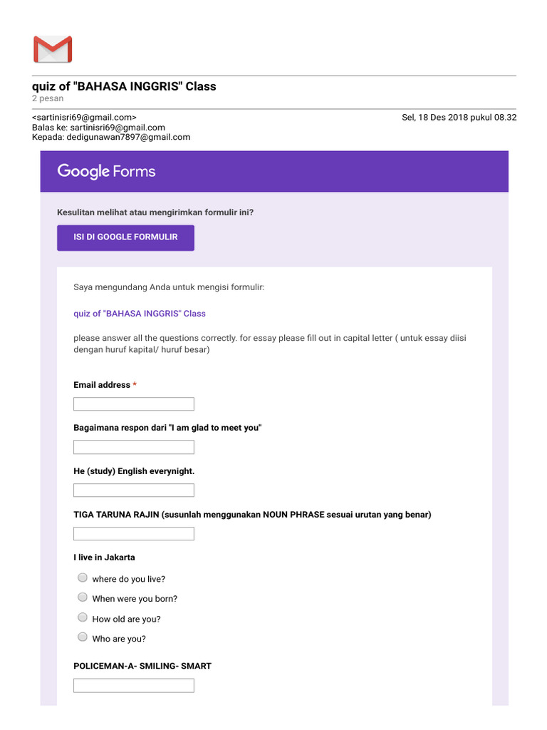 Gmail - Quiz of BAHASA INGGRIS Class | PDF | Indonesia