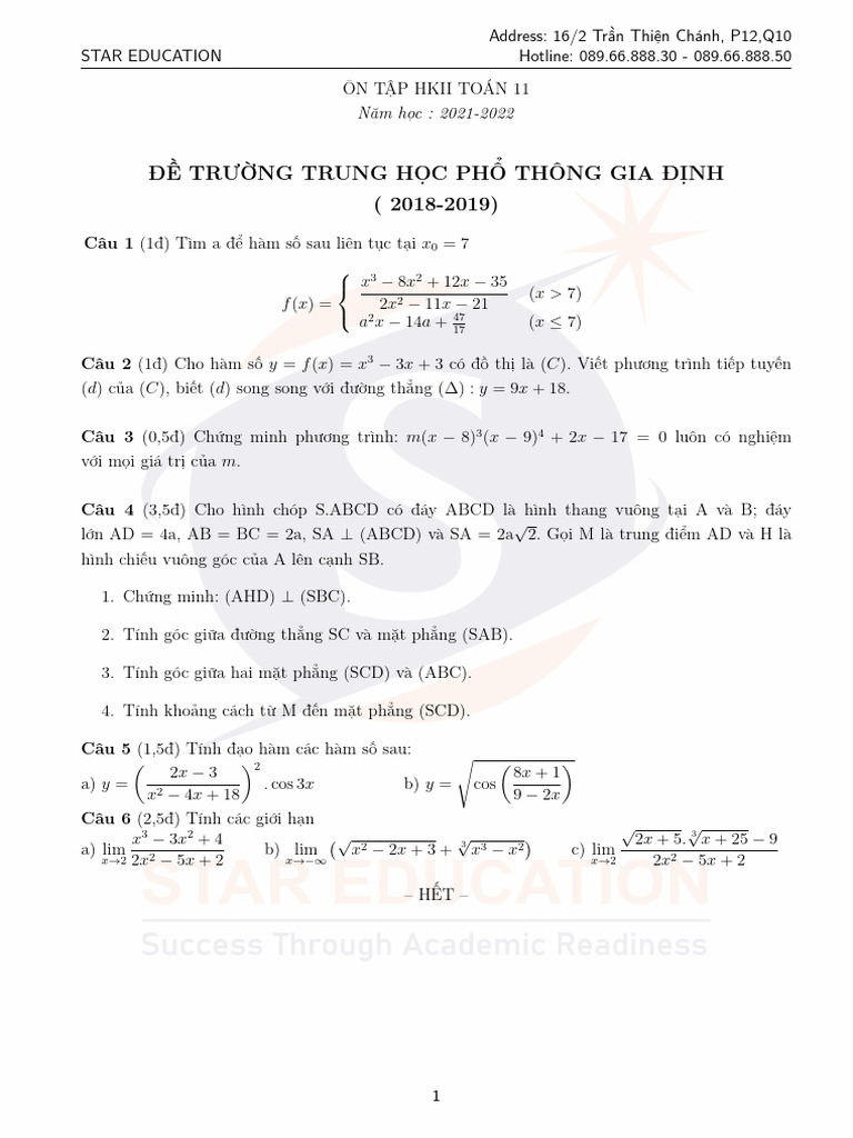 11 Toán HK2 Đề thi HK2 Trường THPT Gia Định 18 19 Lê Nguyễn Uyên Phương | PDF