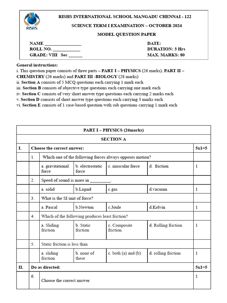 Grade 8 Science Exam Model Paper | PDF | Force | Friction