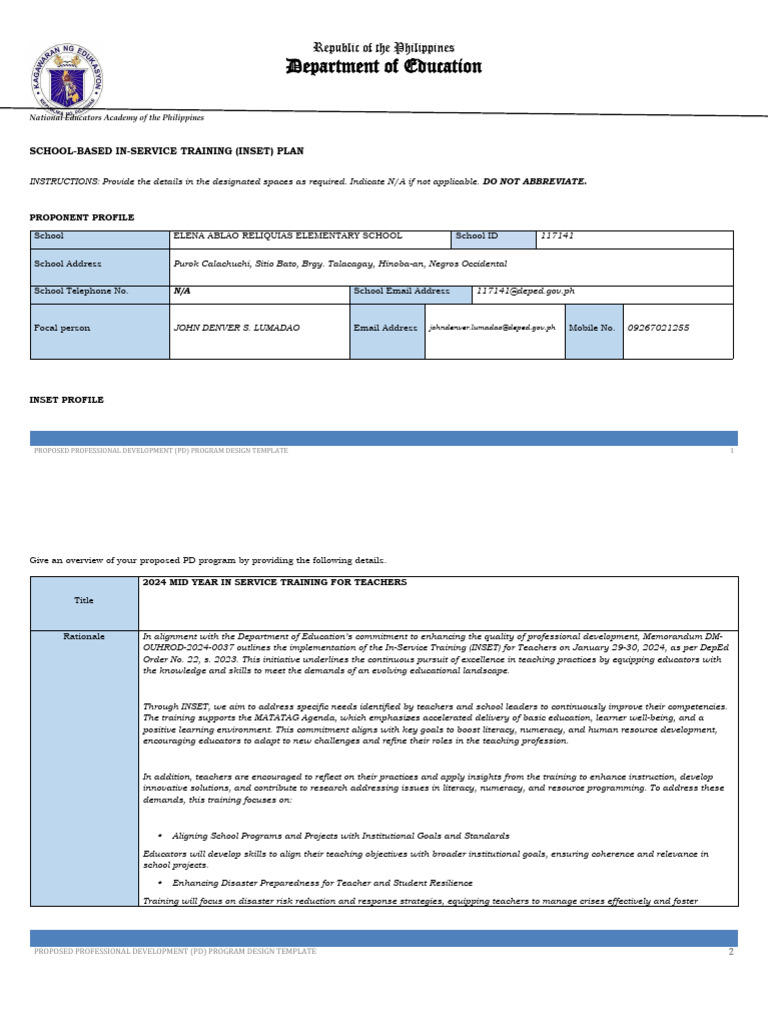 Teacher In-Service Training Plan | PDF | Educational Assessment | Learning