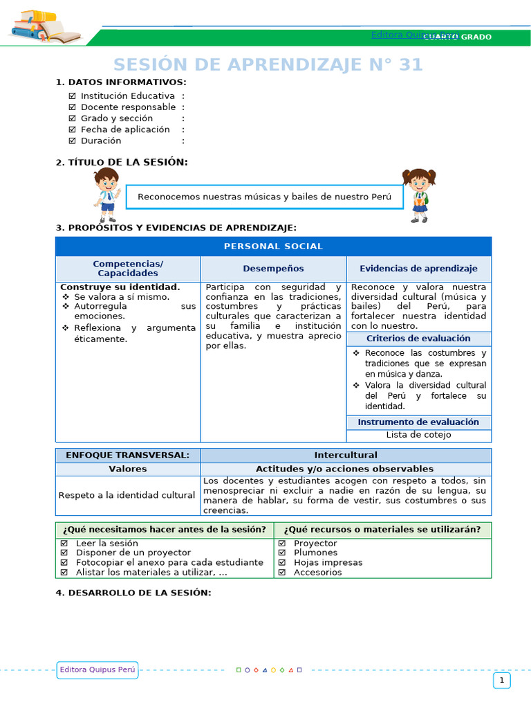 Sesiones de Aprendizaje - EDA VI Semana 4 - Editora Quipus Perú | PDF | Evaluación | Aprendizaje
