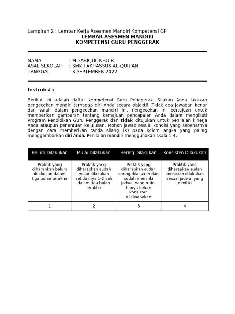 Lampiran 2 - Lembar Kerja Pengecekan Mandiri Kompetensi GP SABIQUL K | PDF
