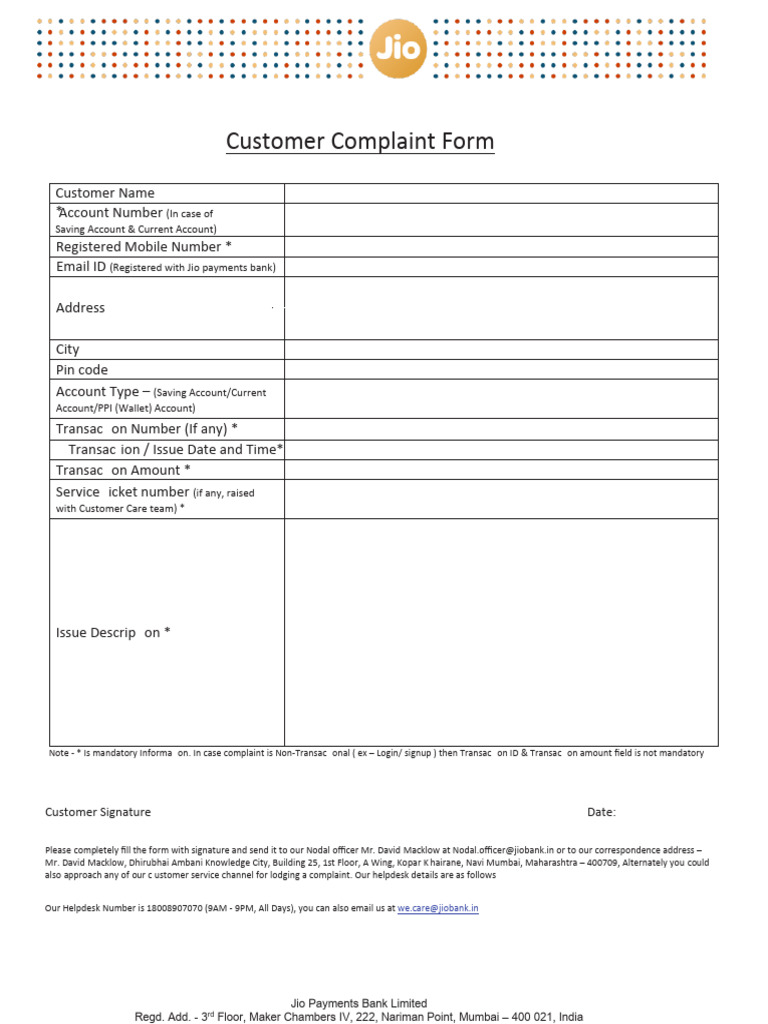 Jio Payments Bank Complaint Form | PDF | Law