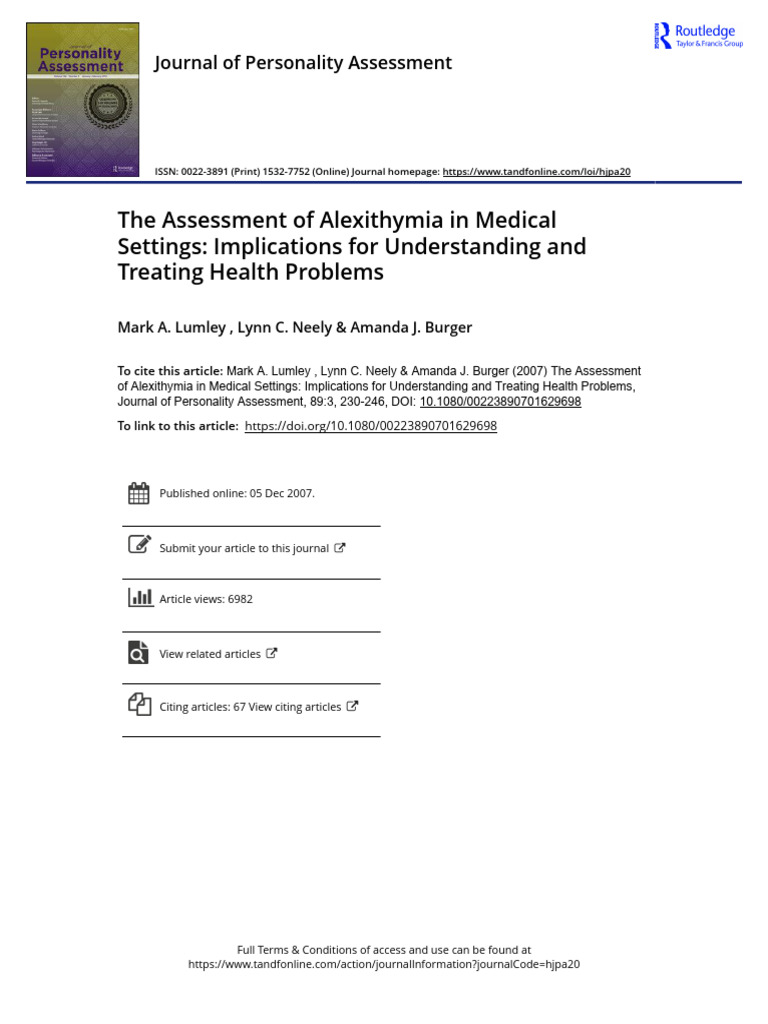 The Assessment of Alexithymia in Medical Settings Implications For ...