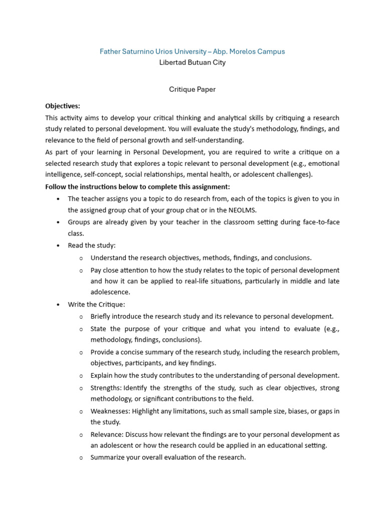 Critique Paper Instructions | PDF | Citation | Methodology