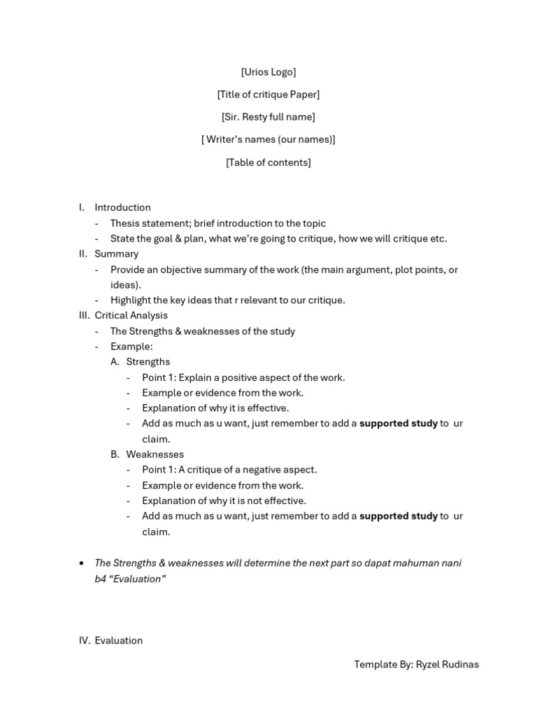 Critique-Paper-Template For SHS | PDF | Evaluation | Critical Thinking
