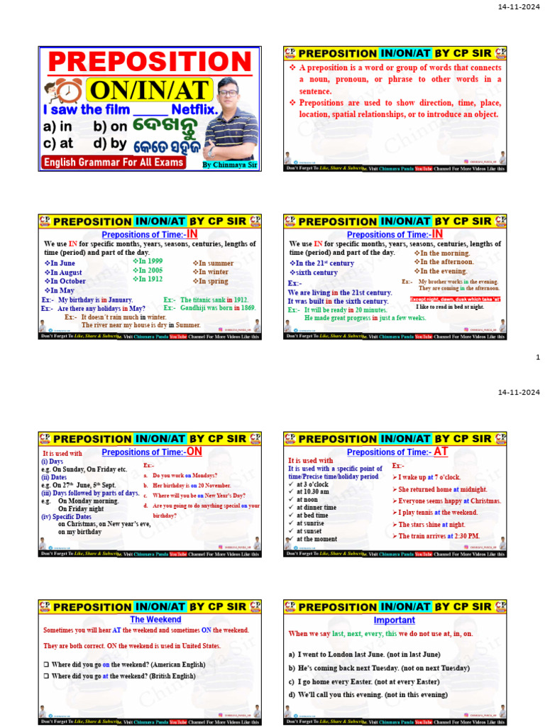 Prepositions On in at MCQs by CP Sir | PDF | English Grammar | Semantic Units