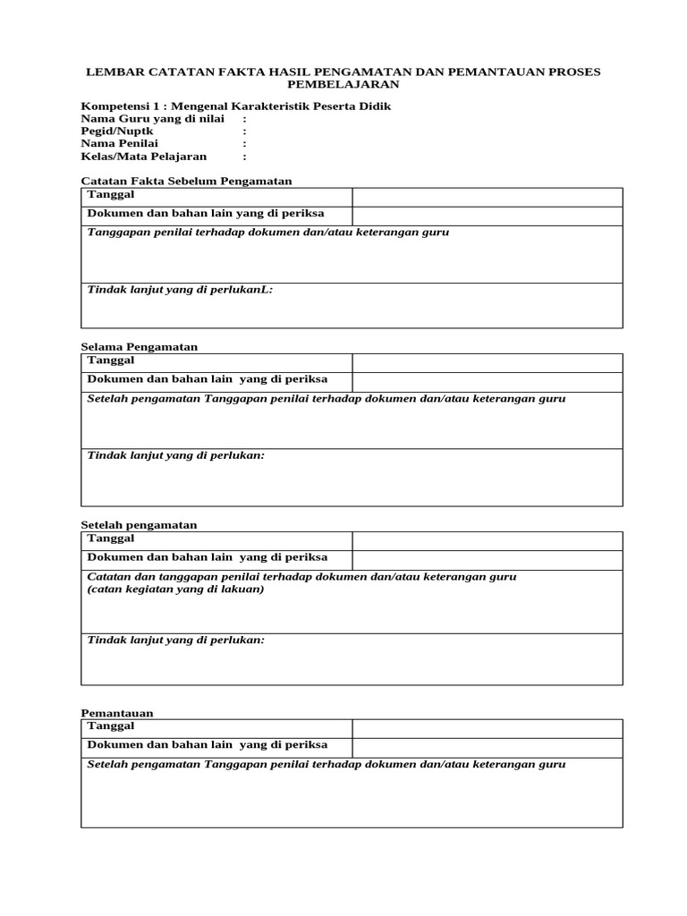 Lembar Catatan Fakta Hasil Pengamatan Dan Pemantauanproses Pembelajaran | PDF