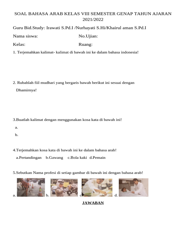 Soal Bahasa Arab Kelas Viii Semester Genap Tahun Ajaran 2021 | PDF