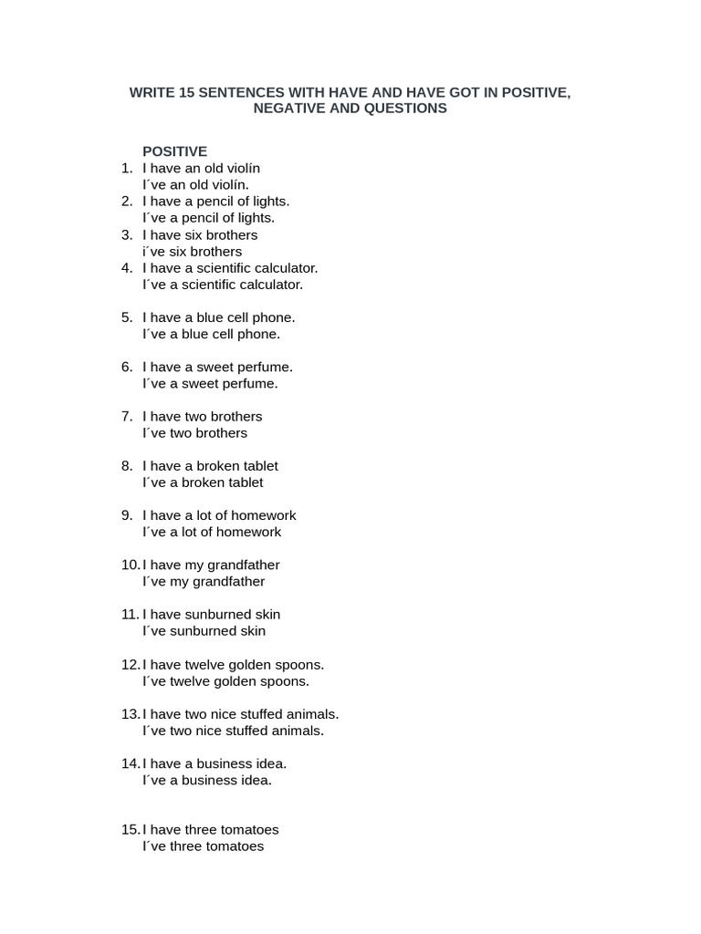 Write 15 Sentences With Have and Have Got in Positive | PDF | Language ...