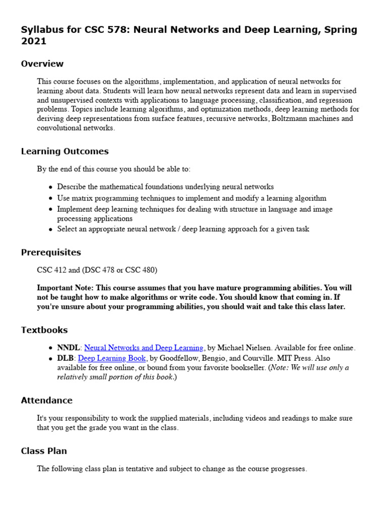 Syllabus For CSC 578 - Neural Networks and Deep Learning, Spring 2021 | PDF | Deep Learning ...