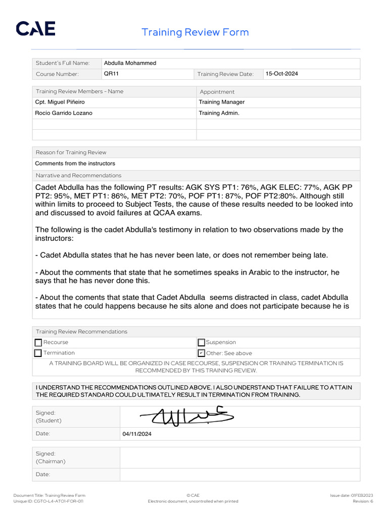 Qr11 - Mohammed Abdulla - Cae-Ato-training - Review - Form (15oct24) | PDF