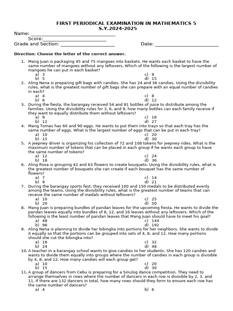 Mathematics 5 Periodical Exam Guide | PDF | Multiplication | Cuisine