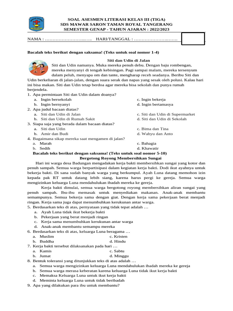 Asesmen Literasi Kelas 3 TGR | PDF