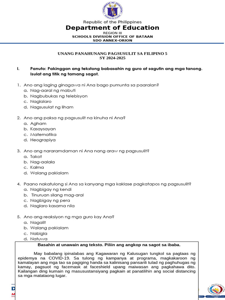 Grade 5 Q1 Unang Panahunang Pagsusulit Sa Filipino 5 | PDF