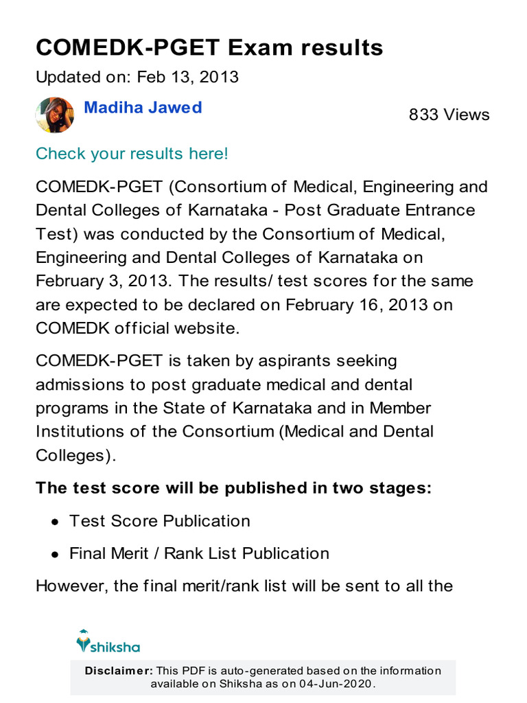 COMEDK-PGET Exam Results: Madiha Jawed | PDF