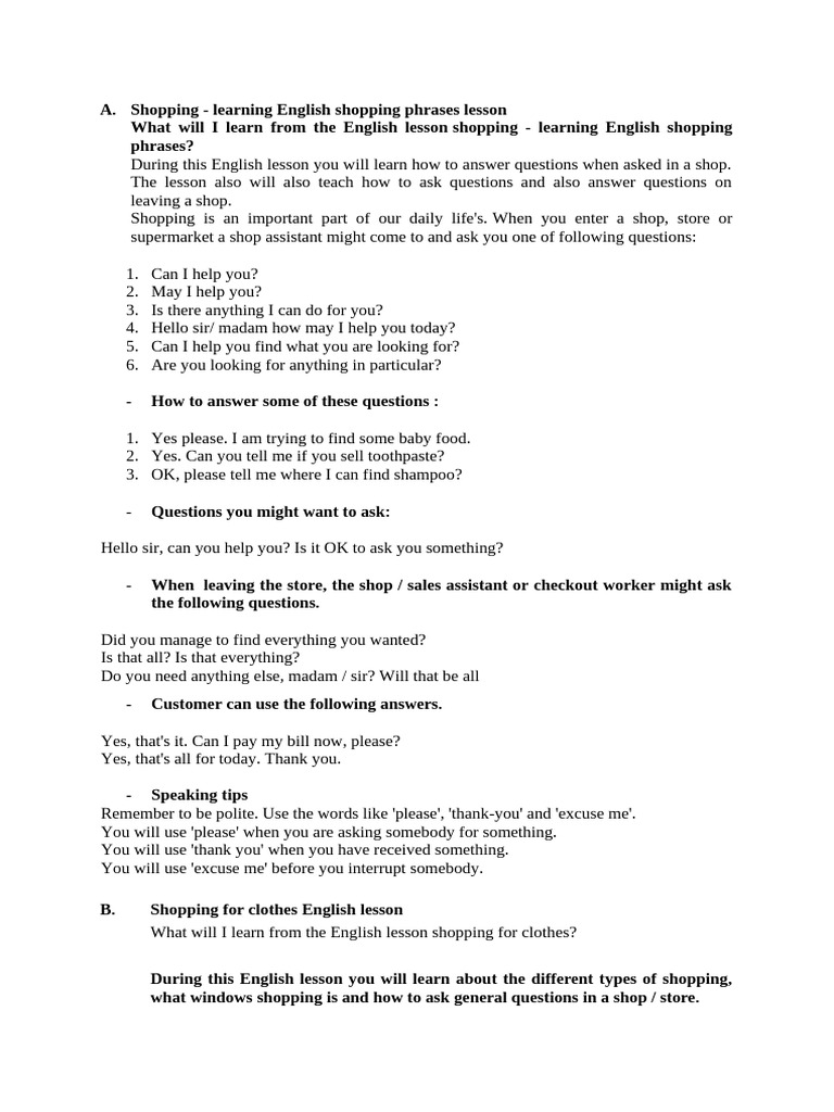 English Shopping Phrases Guide | PDF | Supermarket