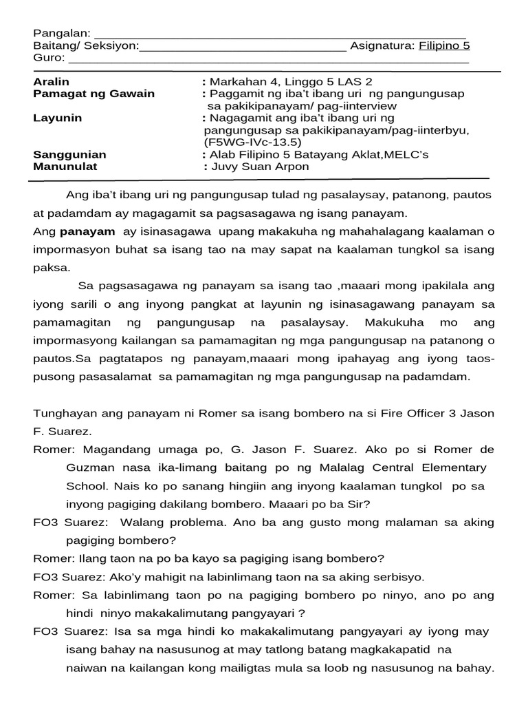 FIL5 Q4 Linggo 5 LAS 2 | PDF