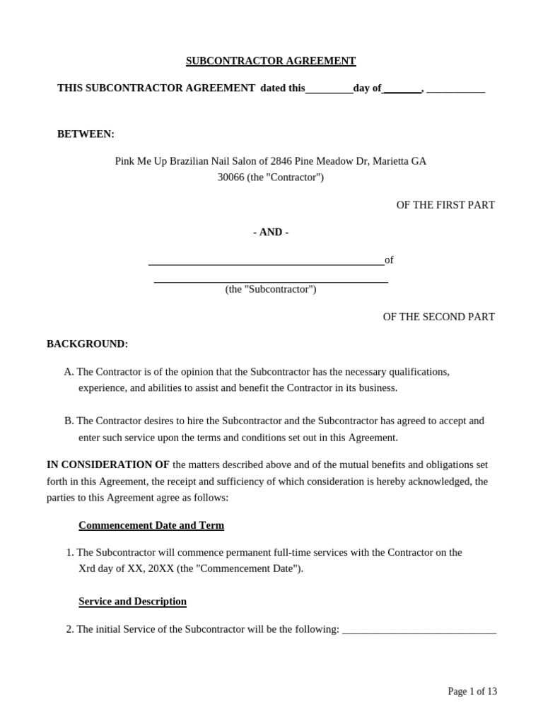 Subcontractor Agreement Template | PDF | Employment | Breach Of Contract