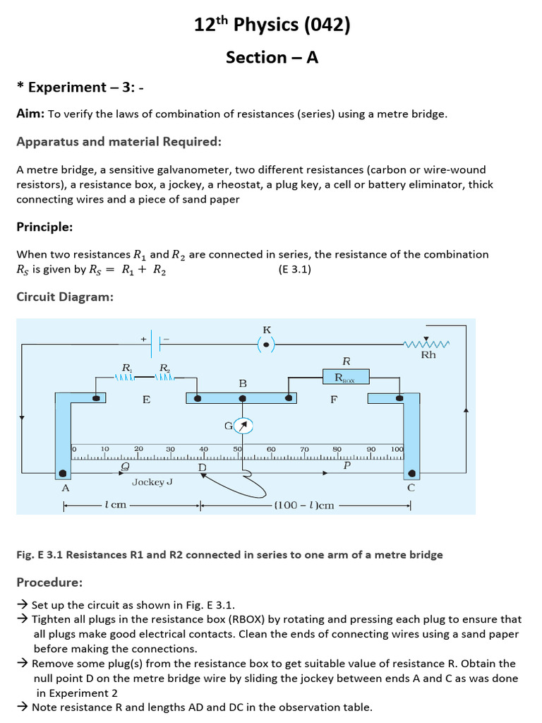 12th Phy. Sec - A Experiment - 3 Series Resistance | PDF | Electrical Resistance And Conductance ...