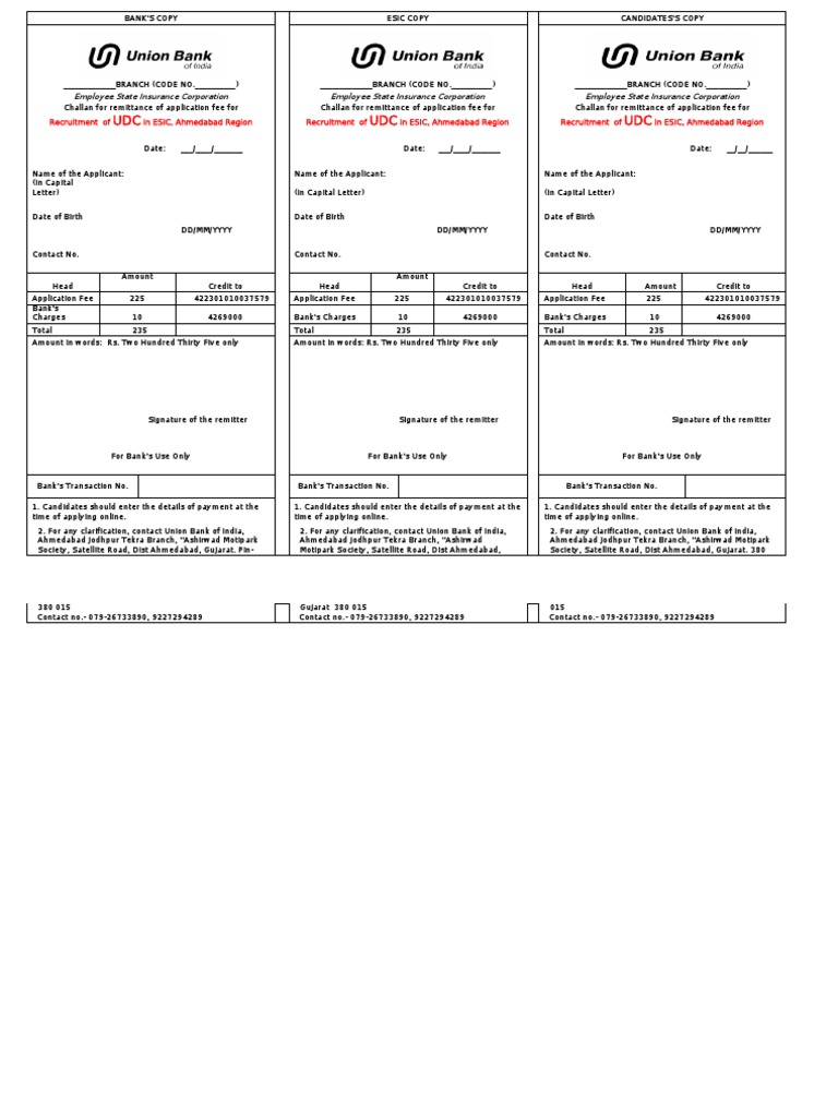 ESIC UDC Recruitment Payment Challan | PDF