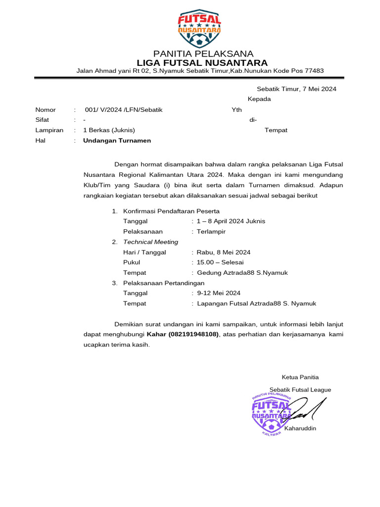 Undangan Liga Futsal Nusantara 2024 | PDF