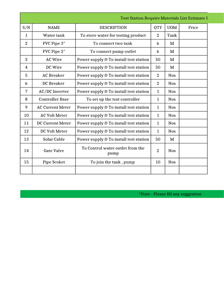 Test Station Materials List | PDF