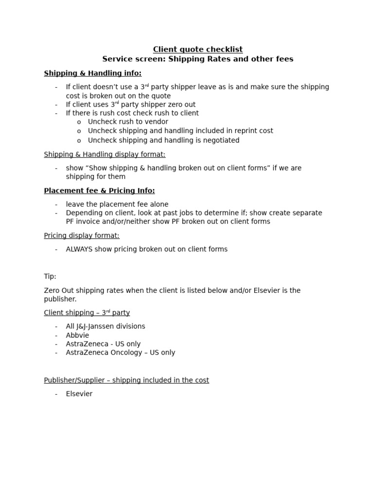 Client Shipping Quote Checklist Guide | PDF | Finance & Money Management