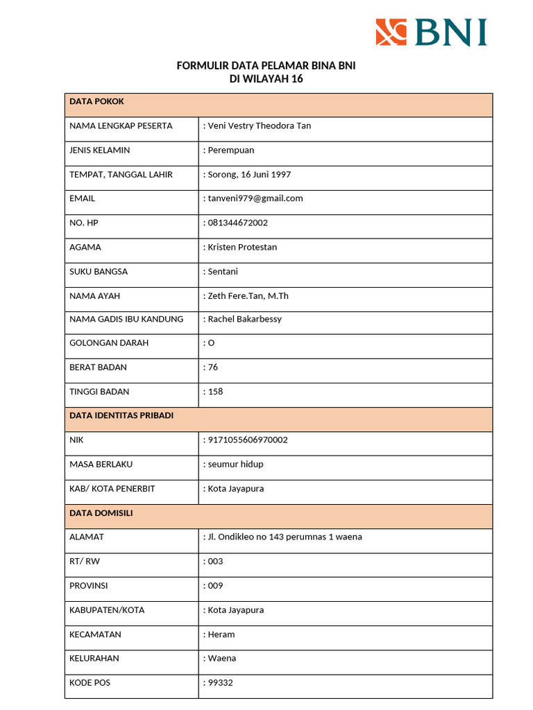 Formulir Data Pelamar Bina Bni 2021 | PDF