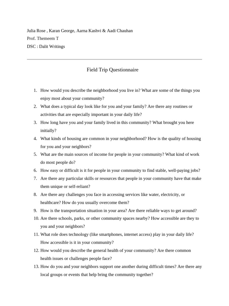 Community Field Trip Survey Questions | PDF | Community