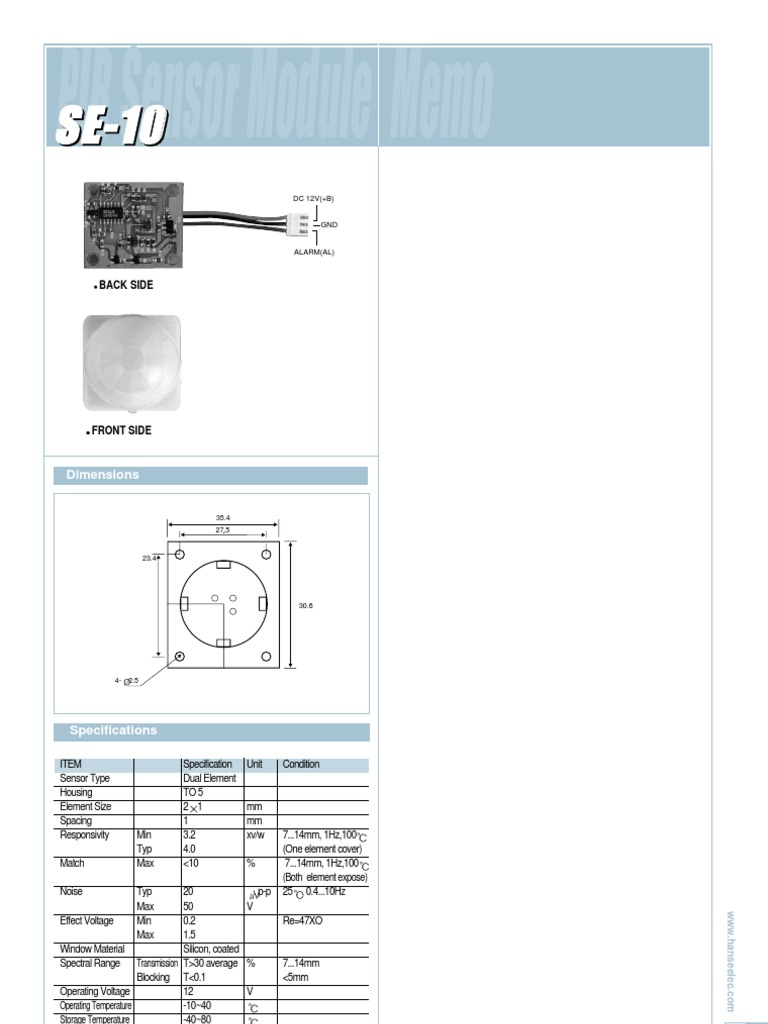 Datasheet Sensor Pir Se-10 | PDF | Electronic Engineering | Electrical ...