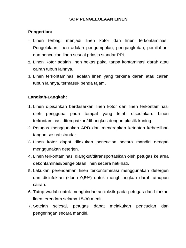 Sop Pengelolaan Linen | PDF