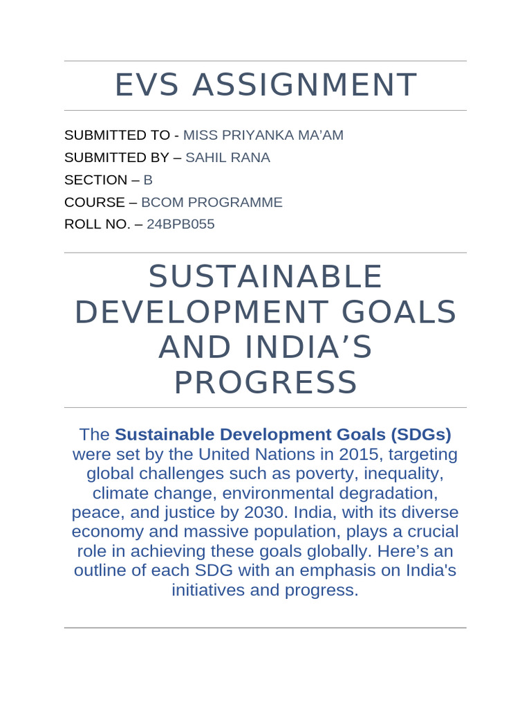 Sustainable Development Goals and India's Progress EVS Assignment | PDF | Sustainability ...
