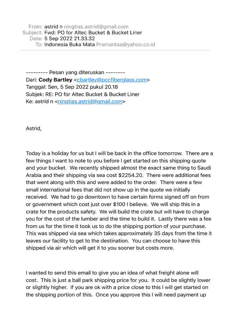 FWD PO For Altec Bucket & Bucket Liner | PDF | Cargo