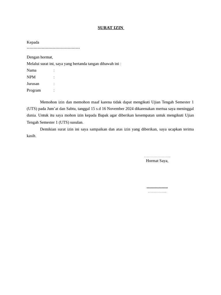 Surat Izin Tidak Mengikuti Ujian | PDF