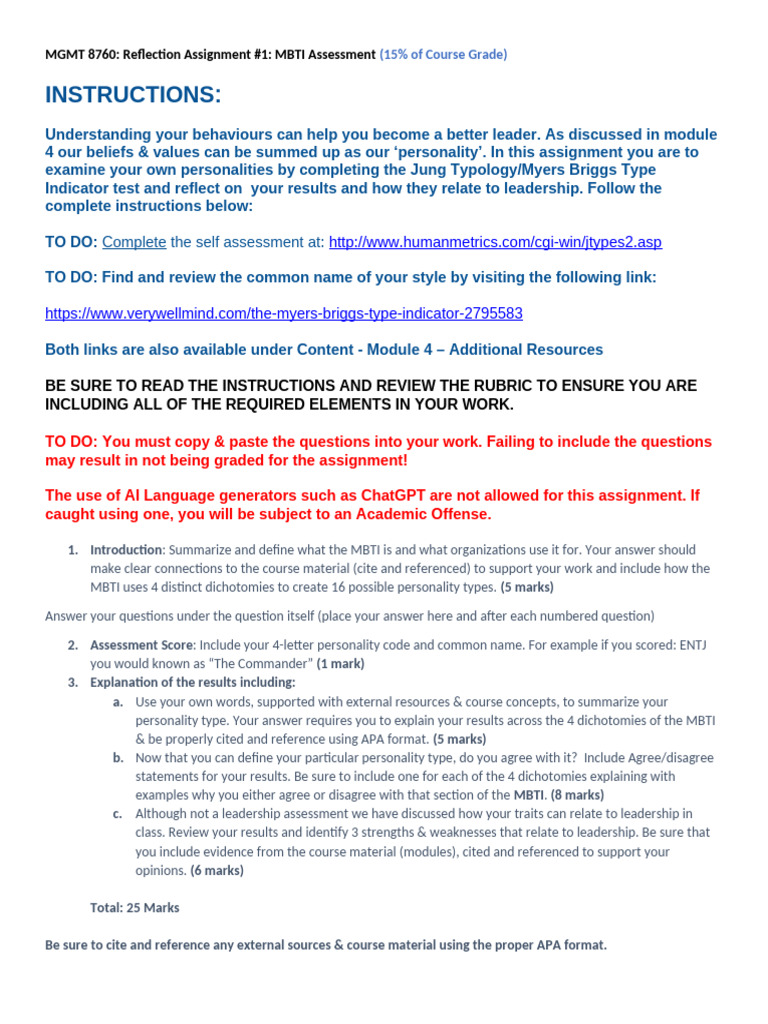 MGMT 8760 Reflection Assignment #1 W24 | PDF | Extraversion And Introversion | Personality Type
