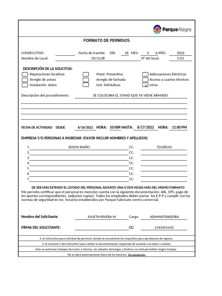 Formato para Solicitud de Permisos de Ingreso | PDF