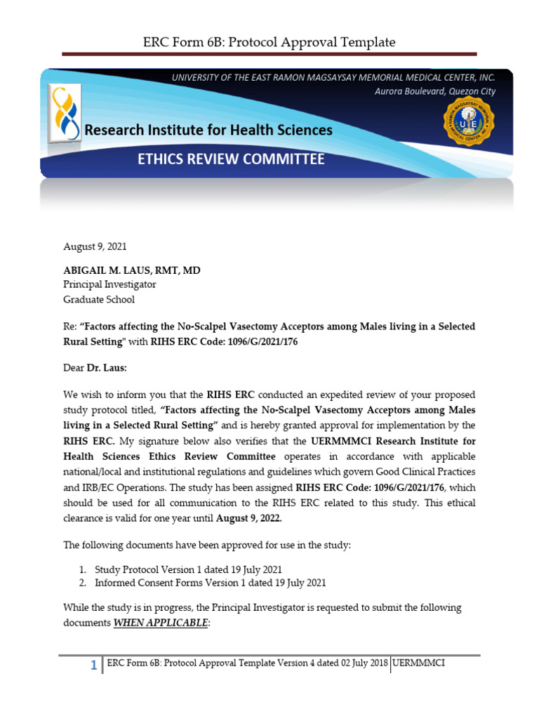ERC Form 6B: Protocol Approval | PDF | Institutional Review Board | Informed Consent