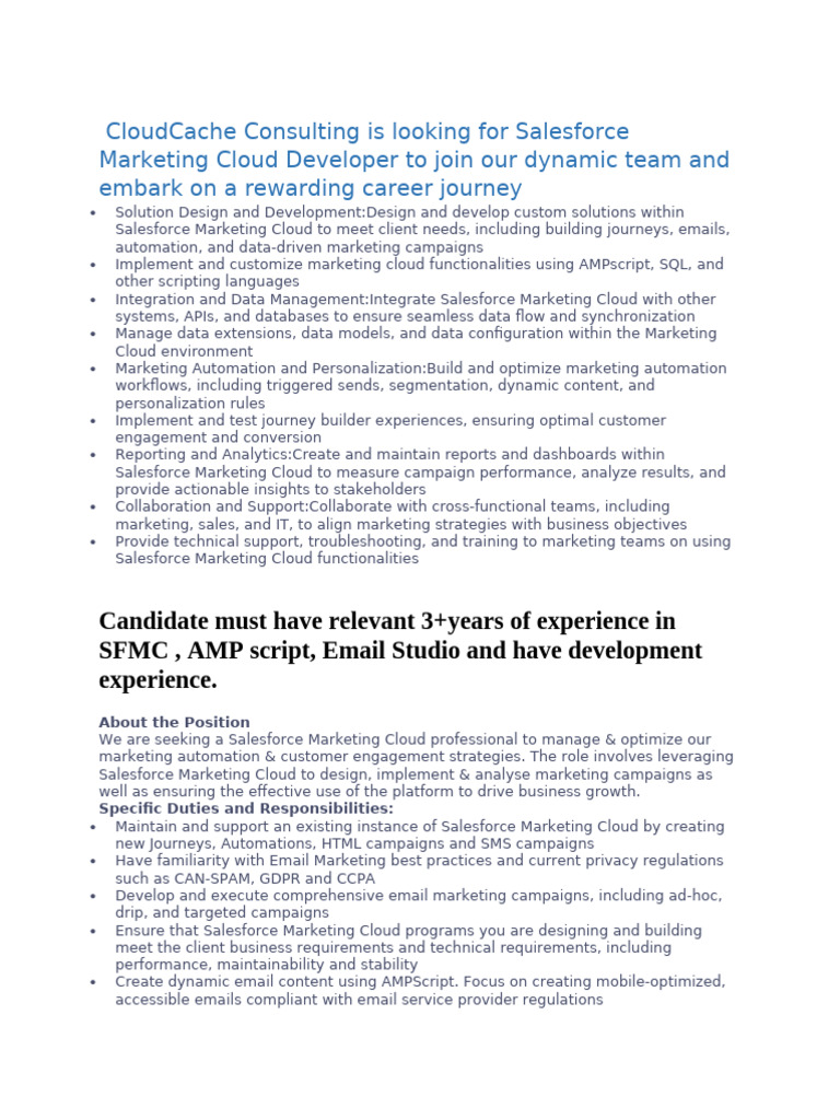 SFMC Job Desc | PDF | Marketing | Cloud Computing