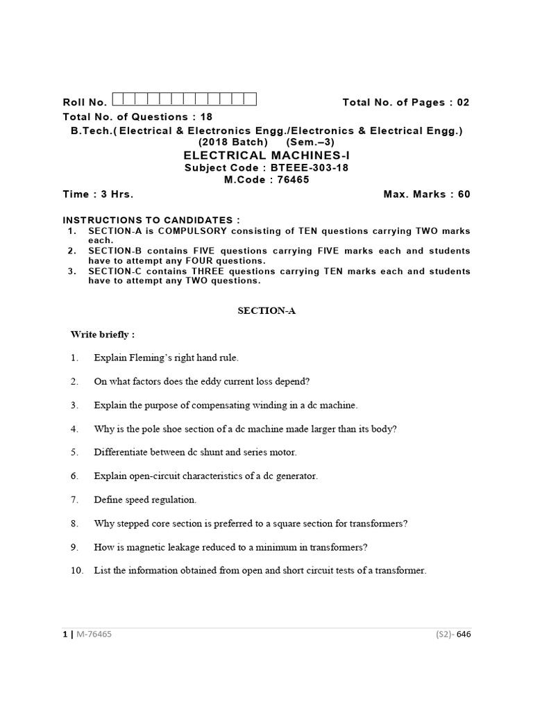 Btech Eee 3 Sem Electrical Machines 1 76465 Jan 2021 | PDF | Transformer | Electric Motor