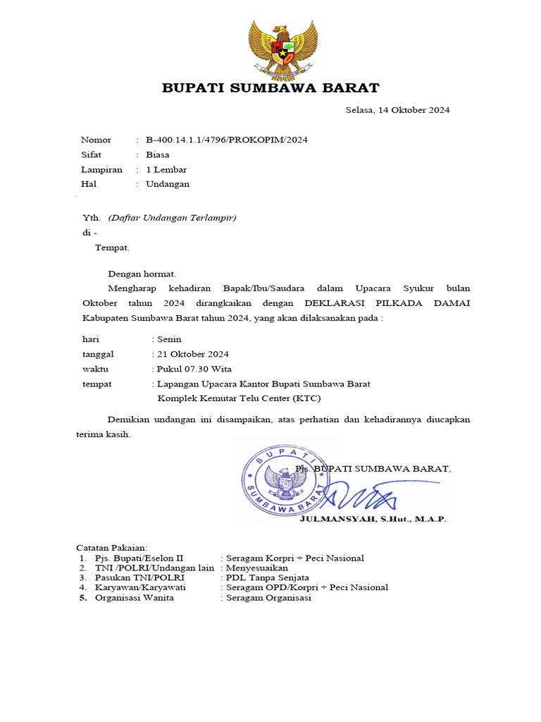 Undangan Upacara Syukur dan Deklarasi Pilkada | PDF