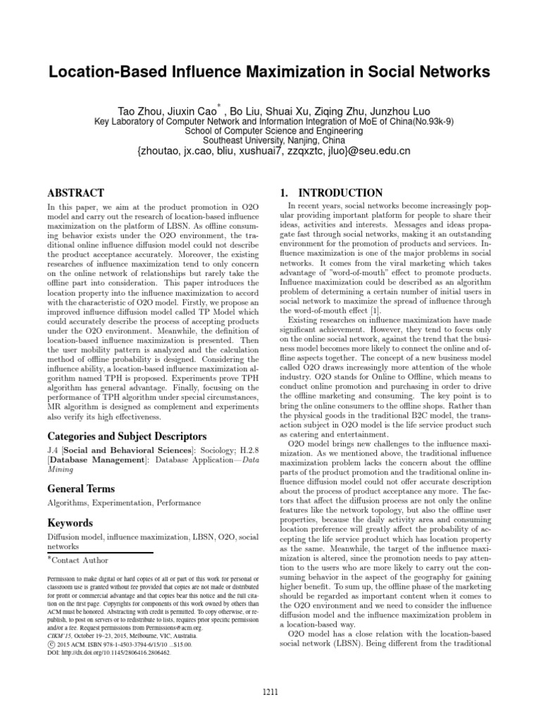 (2015 CIKM) Location-Based Influence Maximization in Social Networks | PDF | Algorithms | Marketing