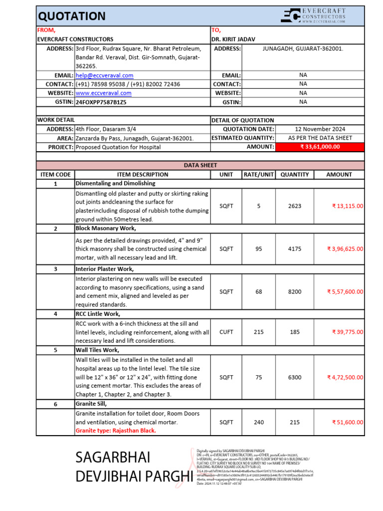 12.11.2024 Civil and Electrification Work Quotation For DR .Kirit Jadav | PDF | Tap (Valve ...