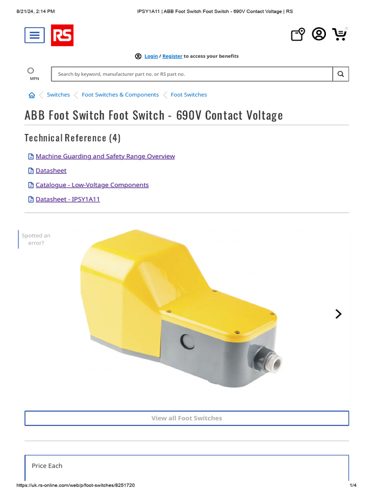 IPSY1A11 - ABB Foot Switch Foot Switch - 690V Contact Voltage - RS ...