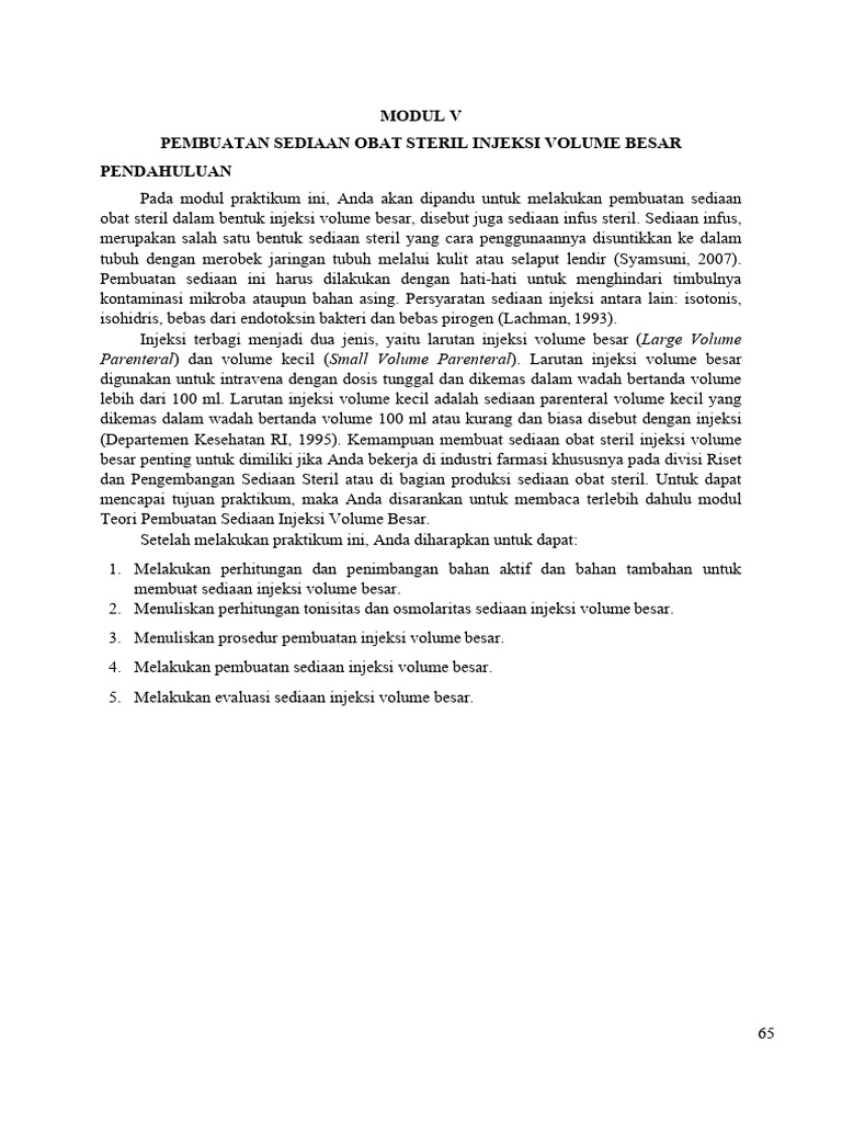 Modul Pembuatan Sediaan Obat Steril Injeksi Volume Besar | PDF | Sains & Matematika