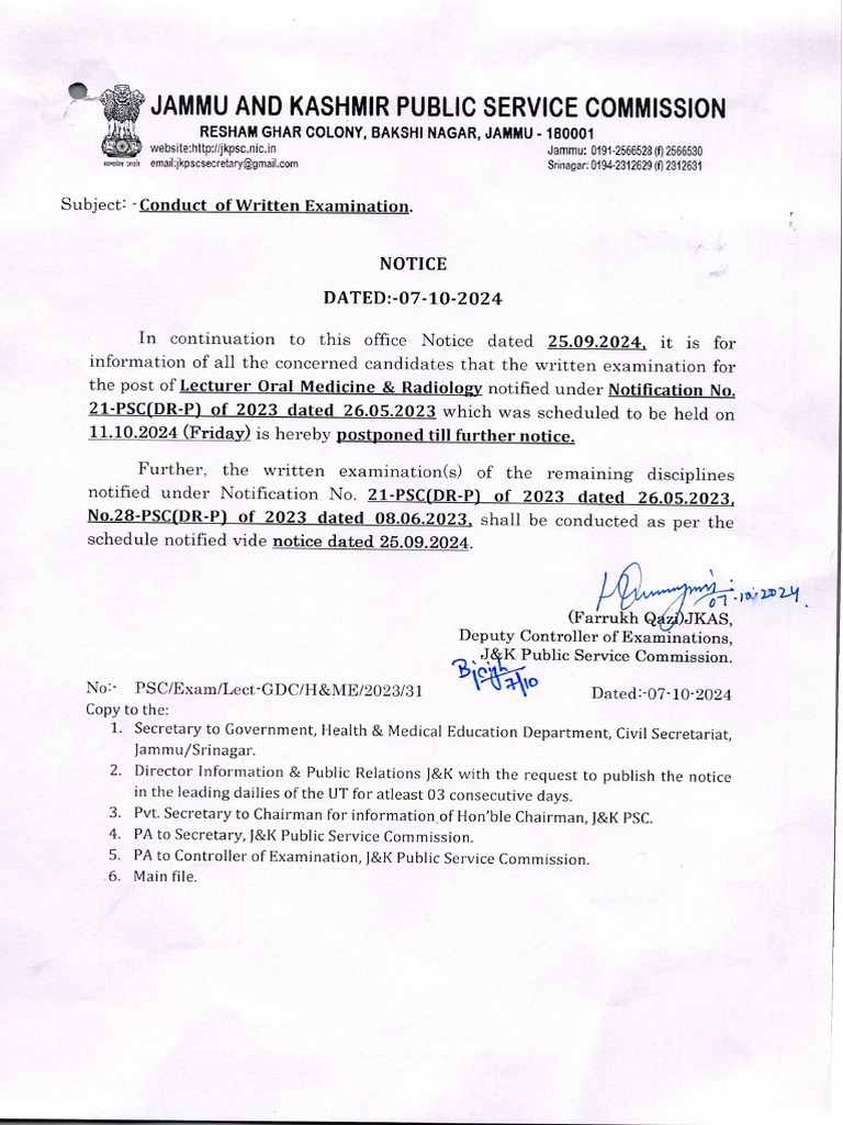 Notice Regarding Postponement of Written Examination For The Post of ...