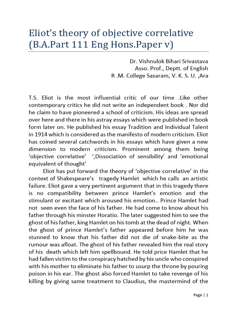 Vlbs 27042020eliots Theory Of Objective Correlative Pdf Hamlet Emotions