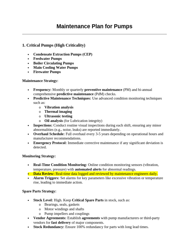 Maintenance Plan For Pumps | PDF | Pump | Mechanical Engineering